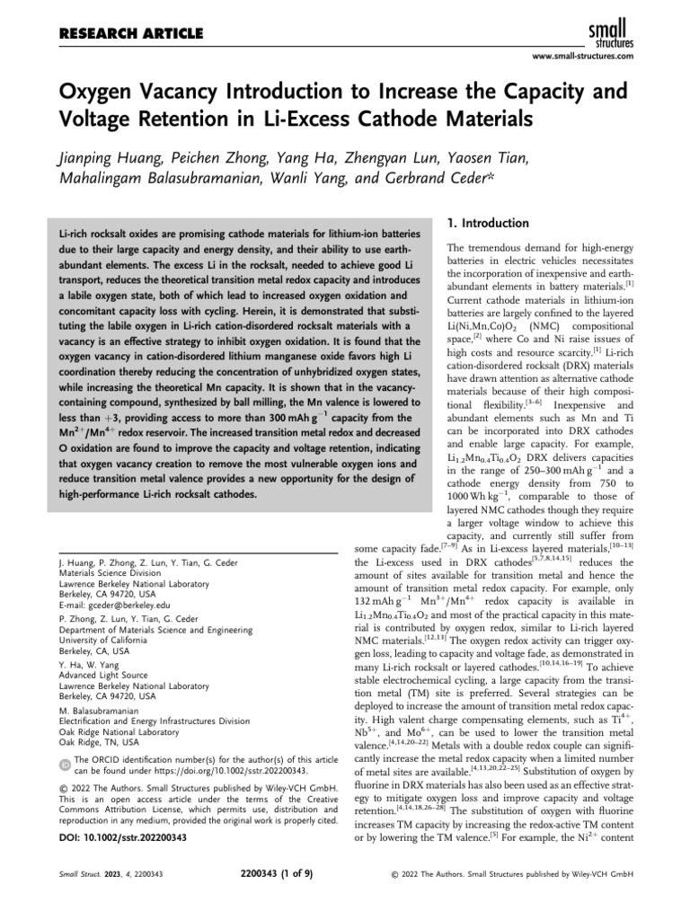 Oxygen Vacancy Introduction To Increase The Capacity Andvoltage Retention in Li-Excess Cathode ...