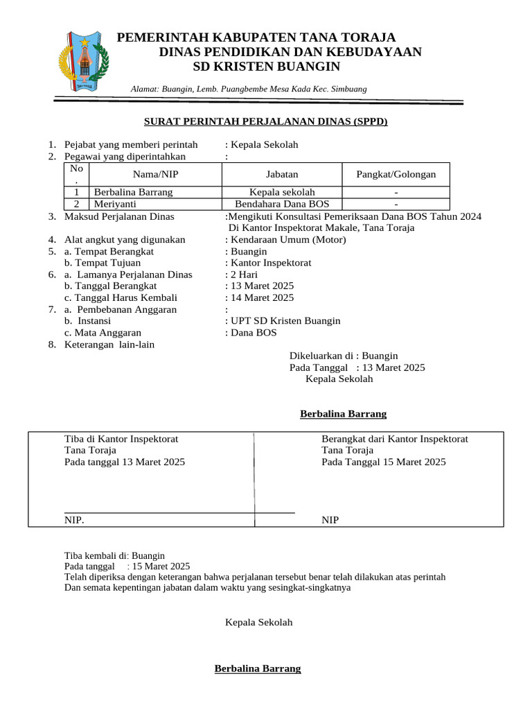 Surat Perjalanan Dinas (SPPD) Inspektorat | PDF