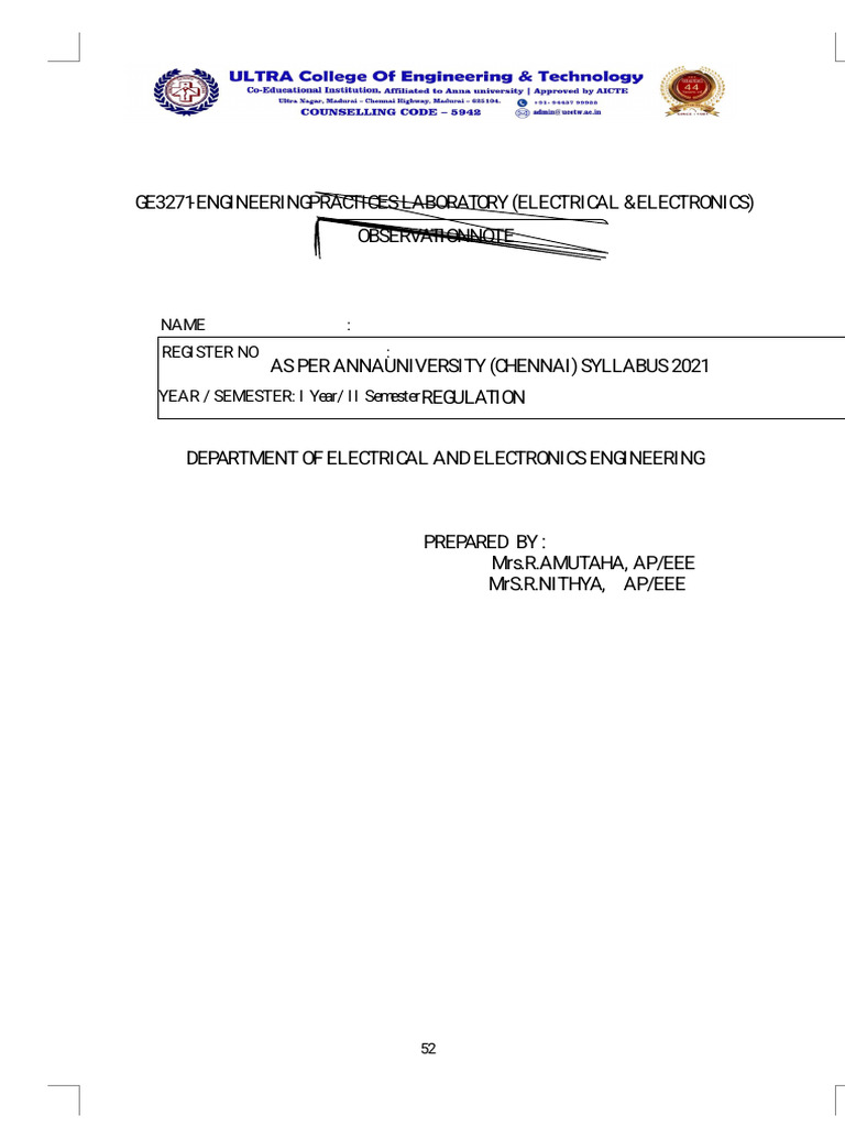 GE3271-ENGINEERING PRACTICES Electrical Experiments | PDF | Compact Fluorescent Lamp | Electronics