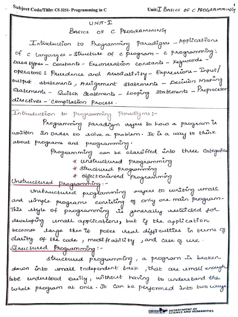 Programming in C - CS3251 - HandWritten Notes - Un - 250316 - 200237 | PDF
