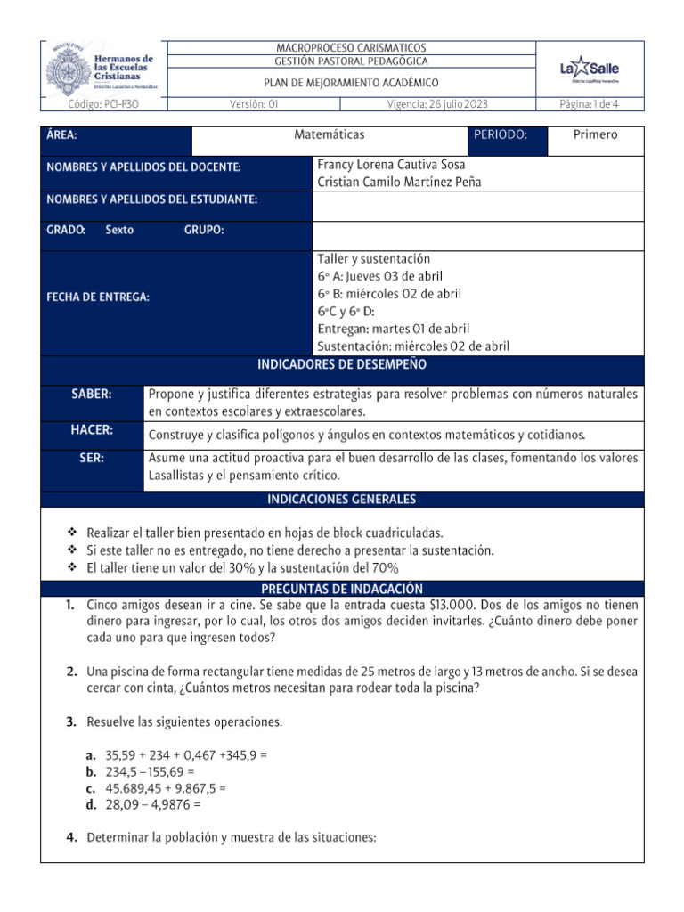 Plan de Mejoramiento Matemáticas 6° P1 | PDF