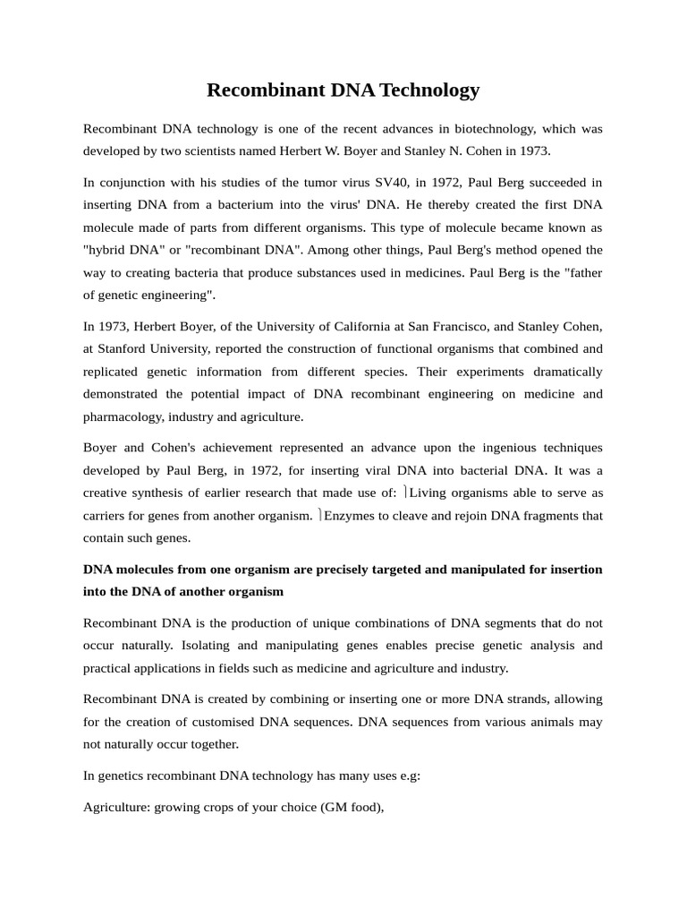 Recombinant DNA Technology | PDF | Plasmid | Molecular Cloning