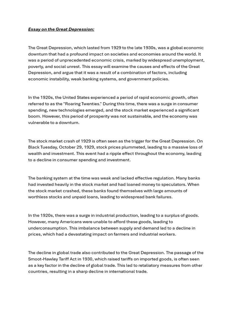 Great Depression Essay | PDF | Great Depression | Wall Street Crash Of 1929