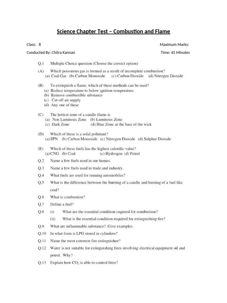 Science Chapter Test - Class 8 - Combustion and Flames | PDF