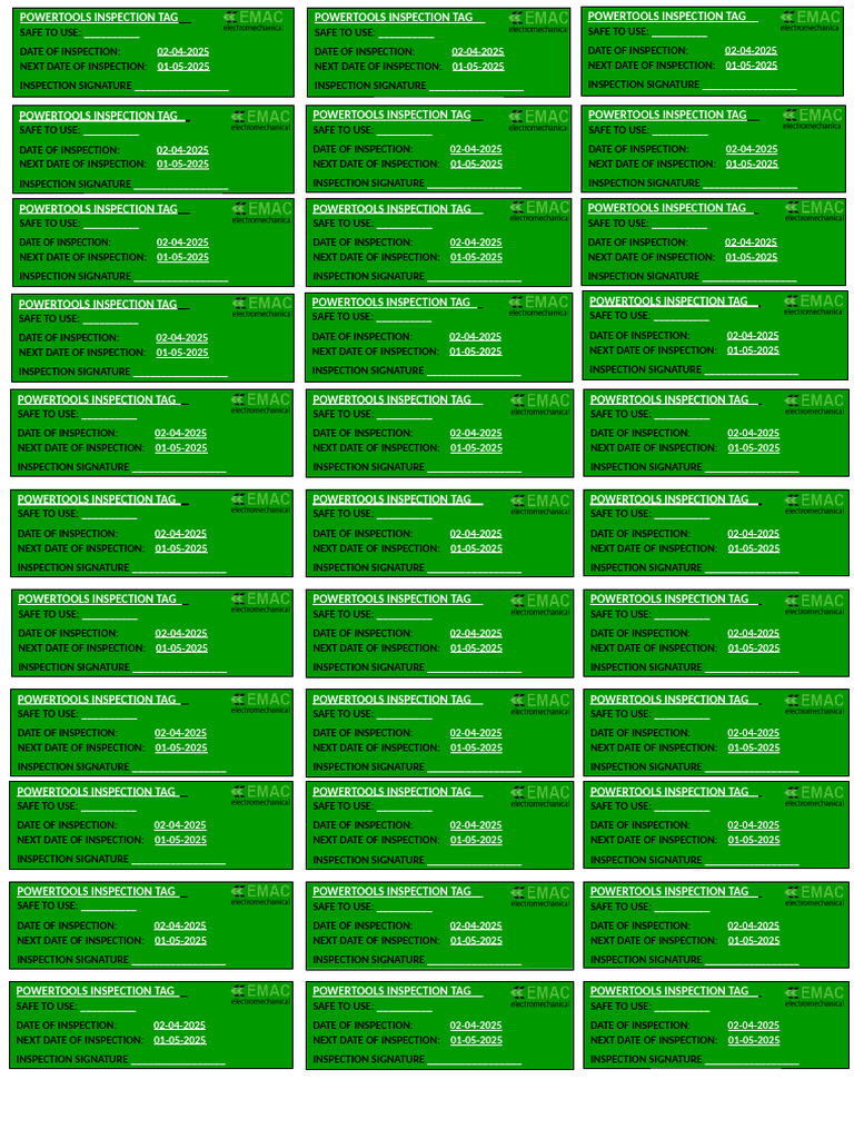 Power Tools Inspection Tag Template | PDF