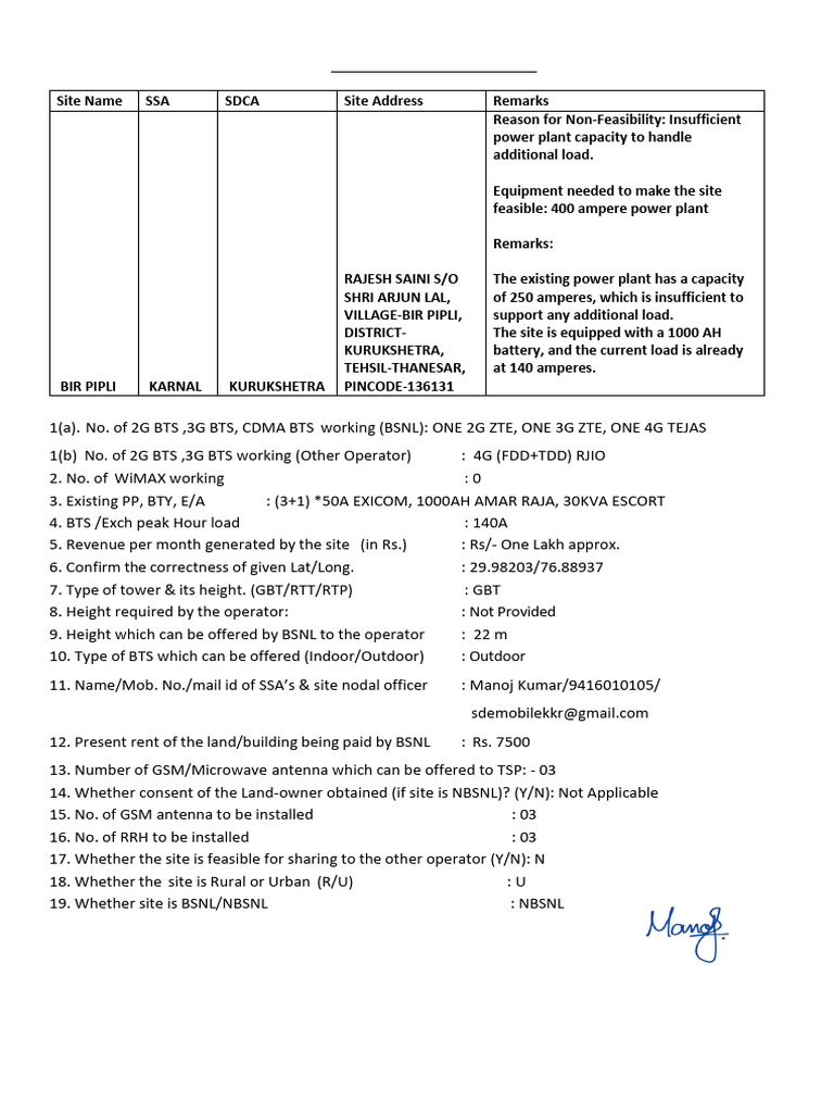 SITE FEASIBILITY FORMAT From BAs | PDF | Physical Layer Protocols ...