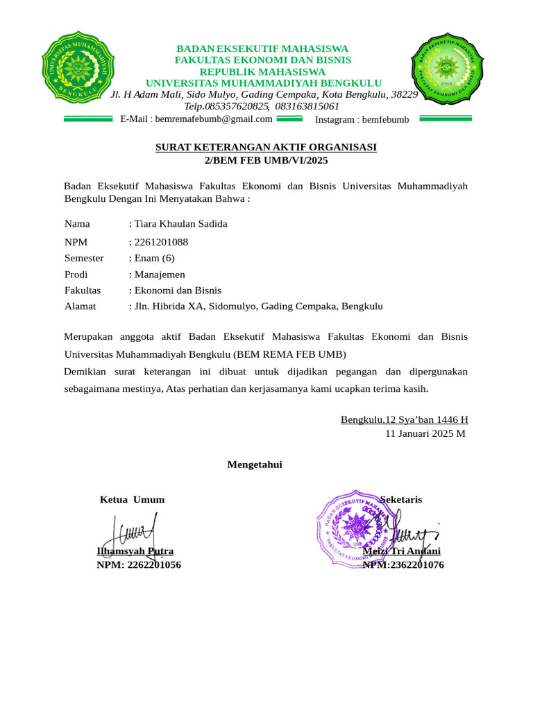 Surat Keterangan Anggota BEM FEB UMB | PDF