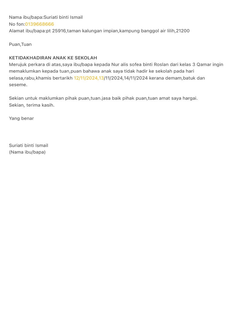 Nama Ibu/bapa:Suriati Binti Ismail | PDF