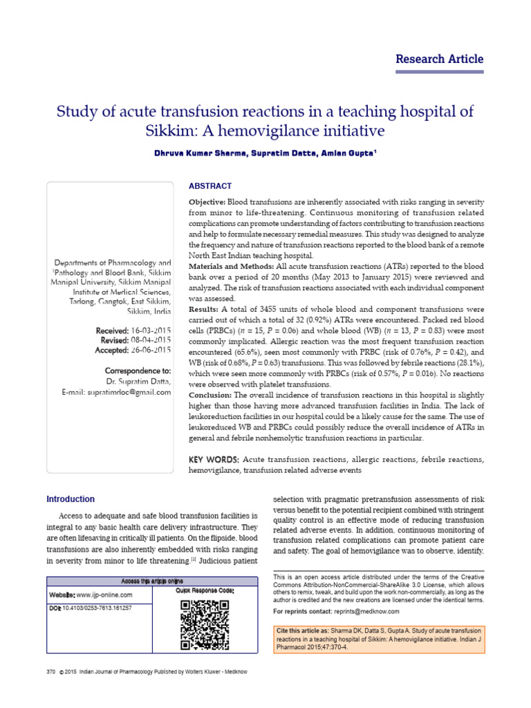 Acute Transfusion Reactions in Sikkim | PDF | Blood Transfusion | Blood