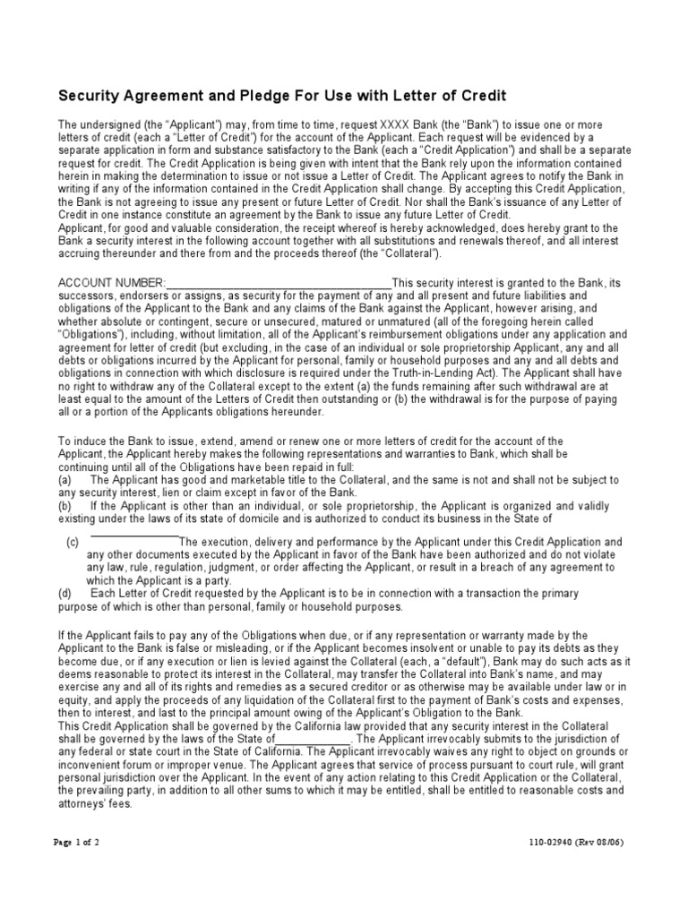 Security Agreement Letter of Credit | PDF | Credit (Finance) | Letter ...