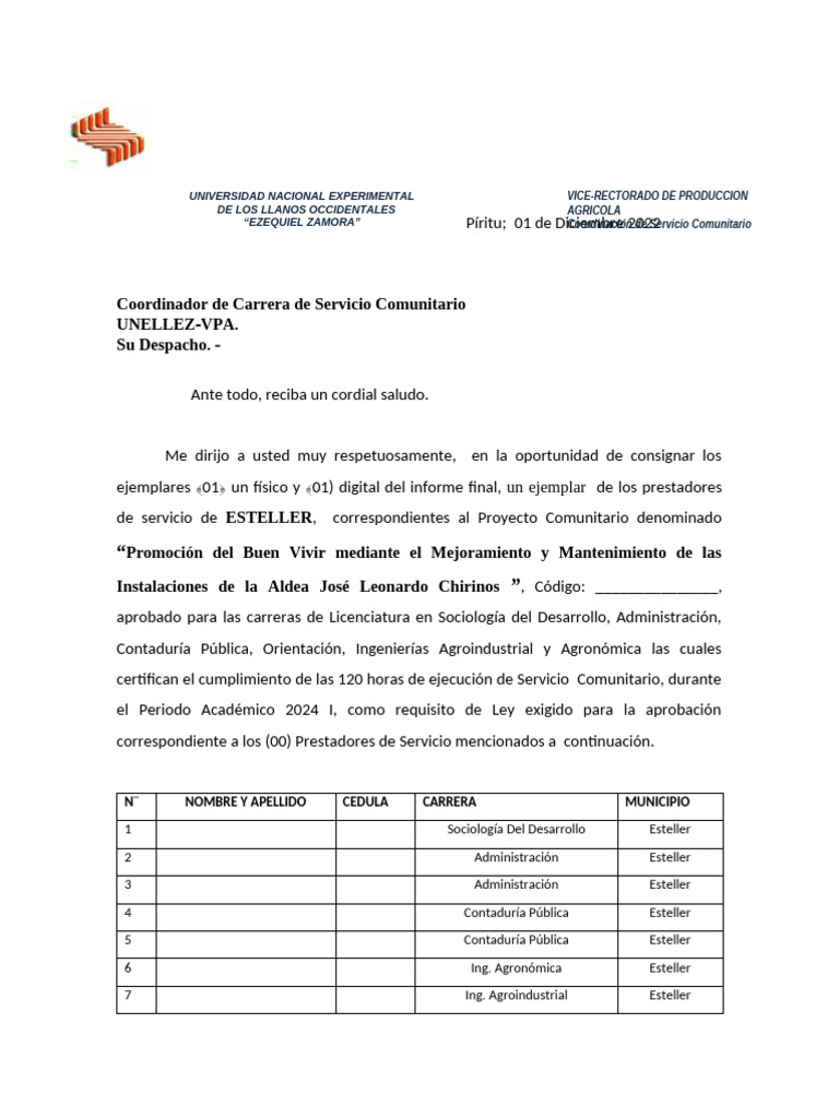 MODELO Informe Final Servicio Comunitario | PDF