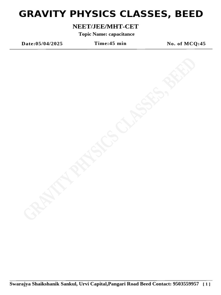 NEET/JEE Physics MCQs on Capacitance | PDF