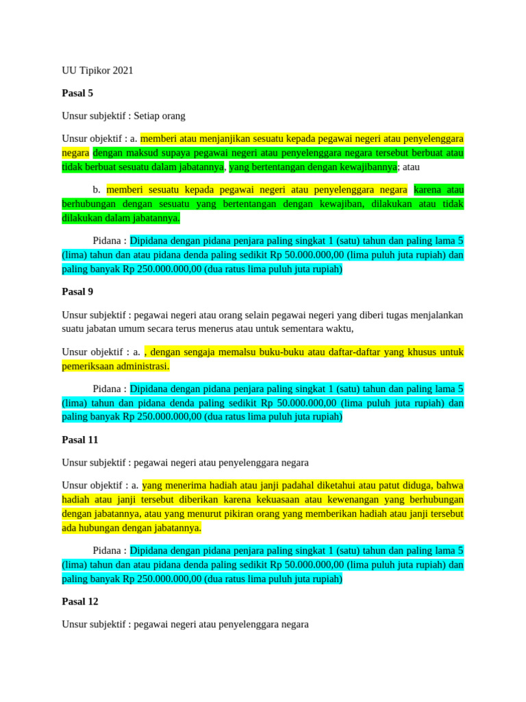 Resume Unsur UU Tipikor 2021 | PDF