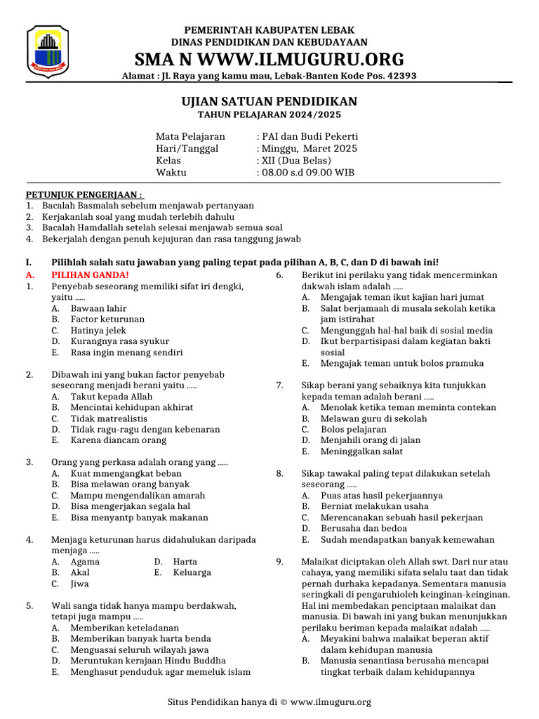 Ujian PAI Kelas XII 2024/2025 Lebak | PDF