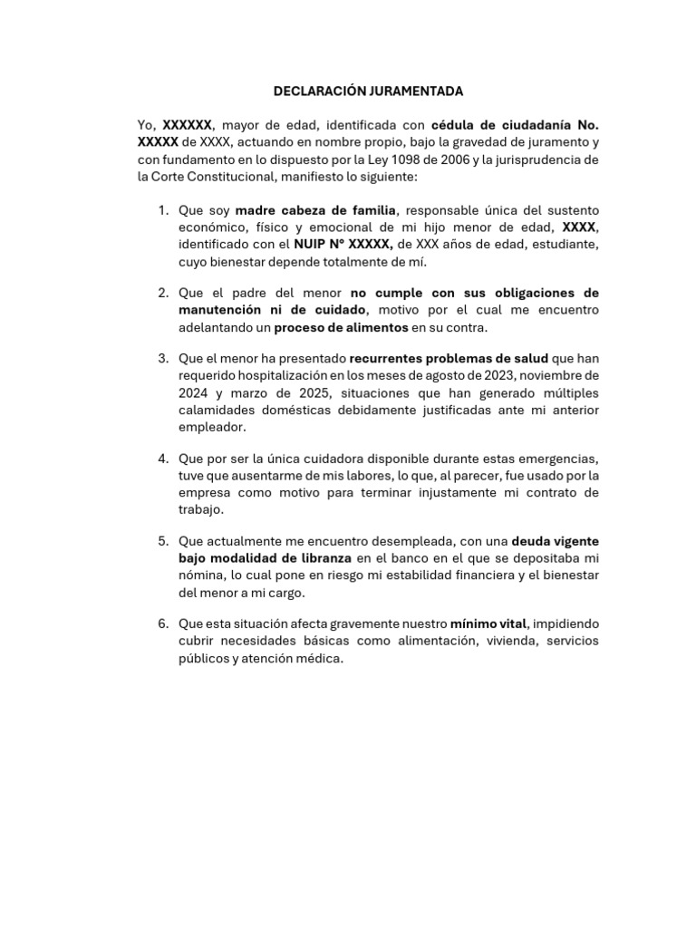 Declaración Juramentada MADRE CABEZA DE HOGAR | PDF