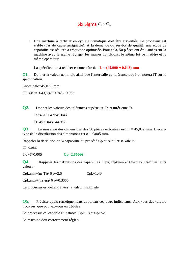 Analyse de Capabilité Cpk en Six Sigma | PDF
