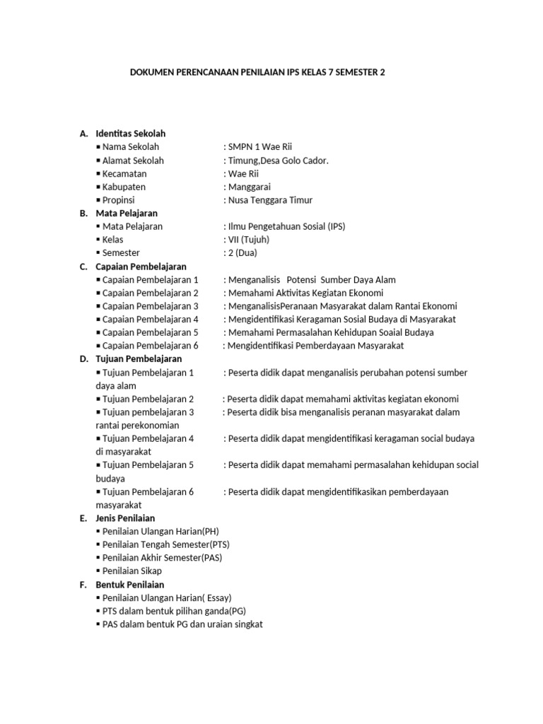 Dokumen Perencanaan Penilaian Ips Kelas 7 Semester 2 | PDF