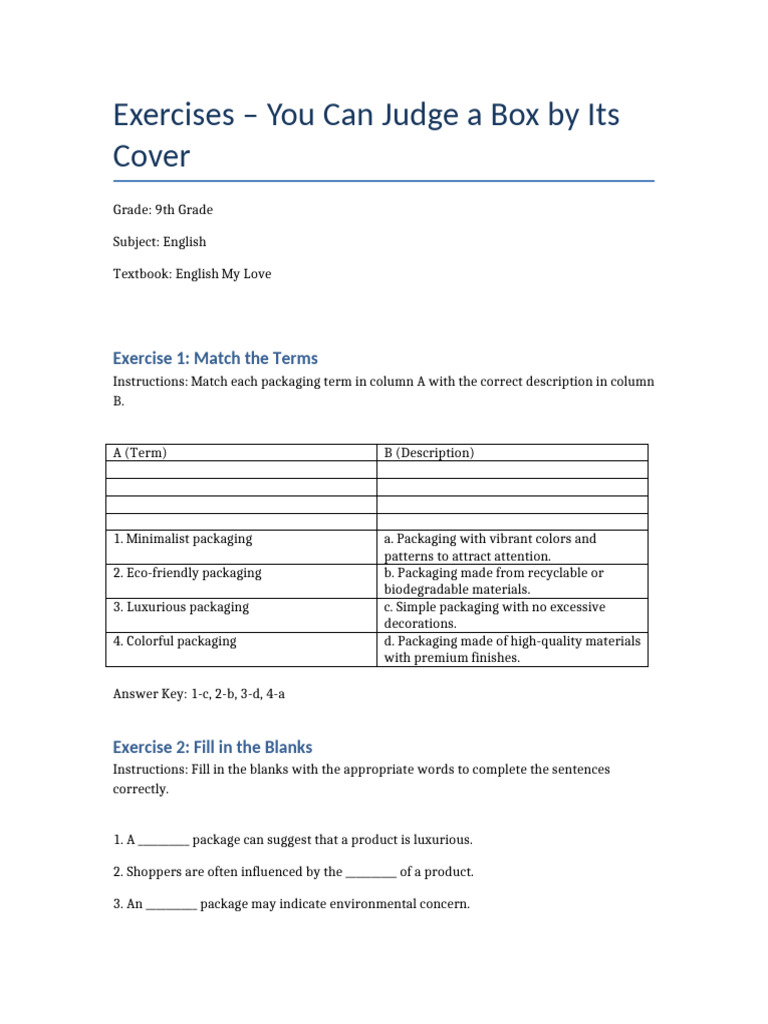 Packaging Terms and Exercises for 9th Grade | PDF