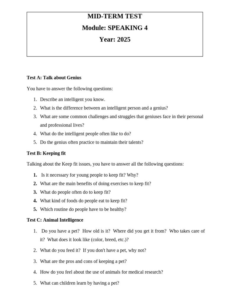 Mid Term Speaking 4 Test March 2025 Pdf