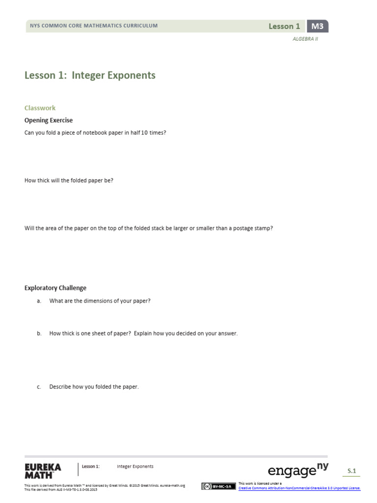 Algebra II m3 Topic A Lesson 1 Student | PDF | Exponentiation | Mathematics