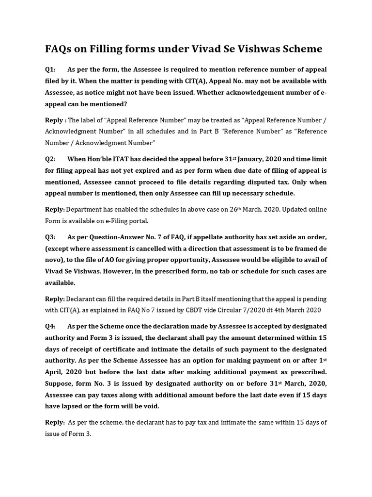 FAQs on Filling Forms Under Vivad Se Vishwas Scheme | PDF | Tax Refund | Taxes