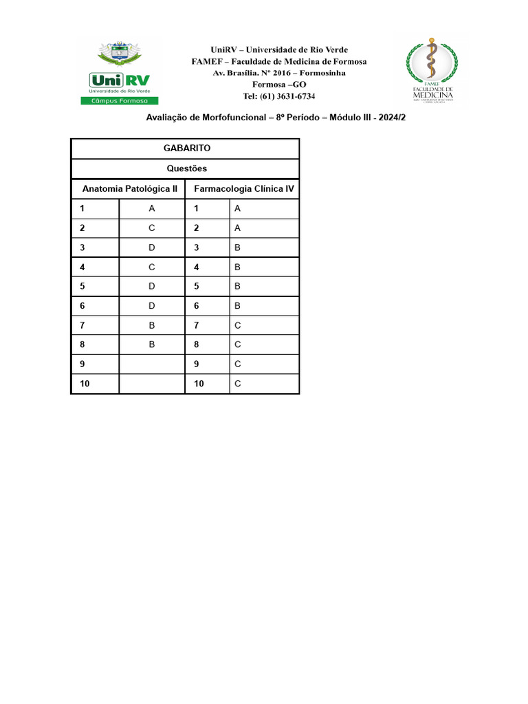MORFOFUNCIONAL 8 - Mã Dulo III - Gabarito | PDF