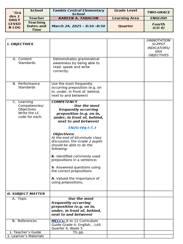Grade 2 English Prepositions Lesson Plan | PDF | Curriculum | Teachers