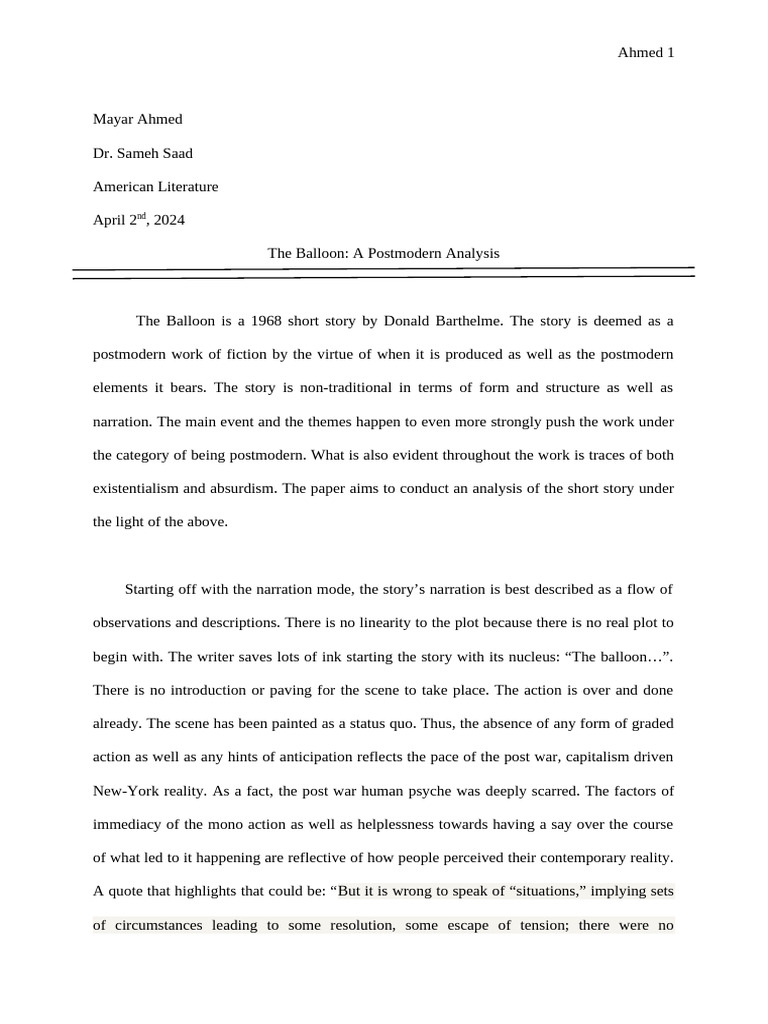 The Balloon A Postmodern Analysis | PDF | Postmodernism