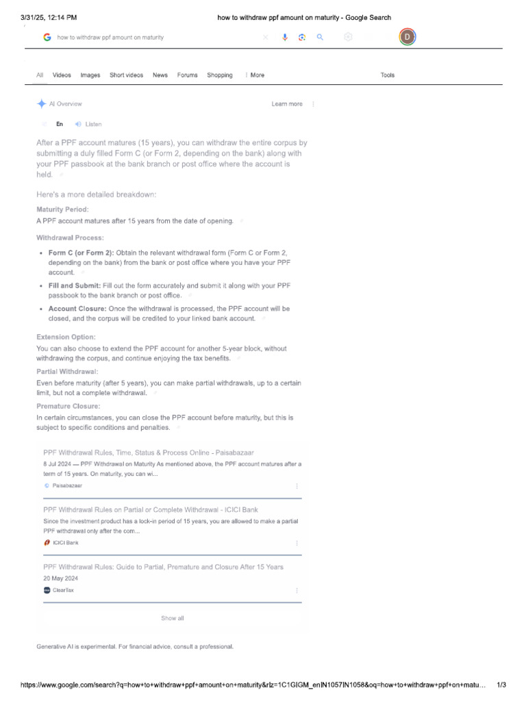 PPF Withdrawal On Maturity - 31-03-2025 | PDF