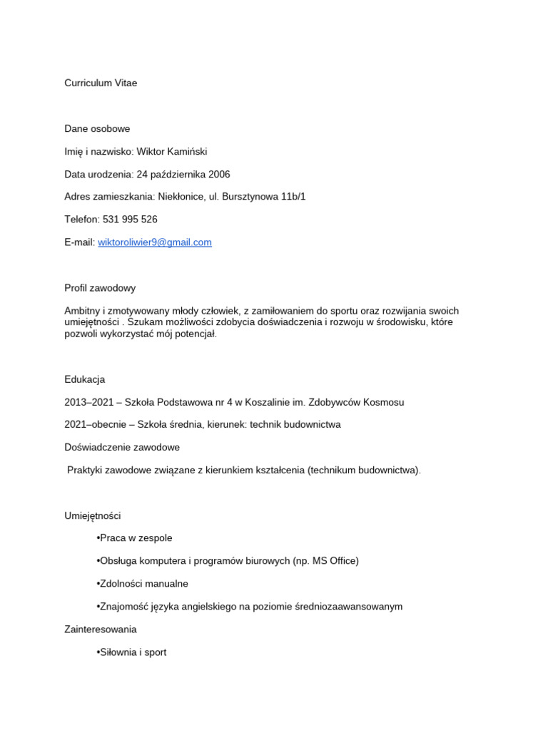 Kopia Cv Wiktor Kamiński | PDF