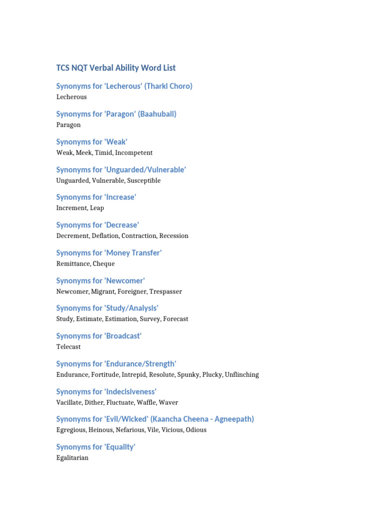 TCS NQT Word List With Synonym References | PDF | Cinema Of India
