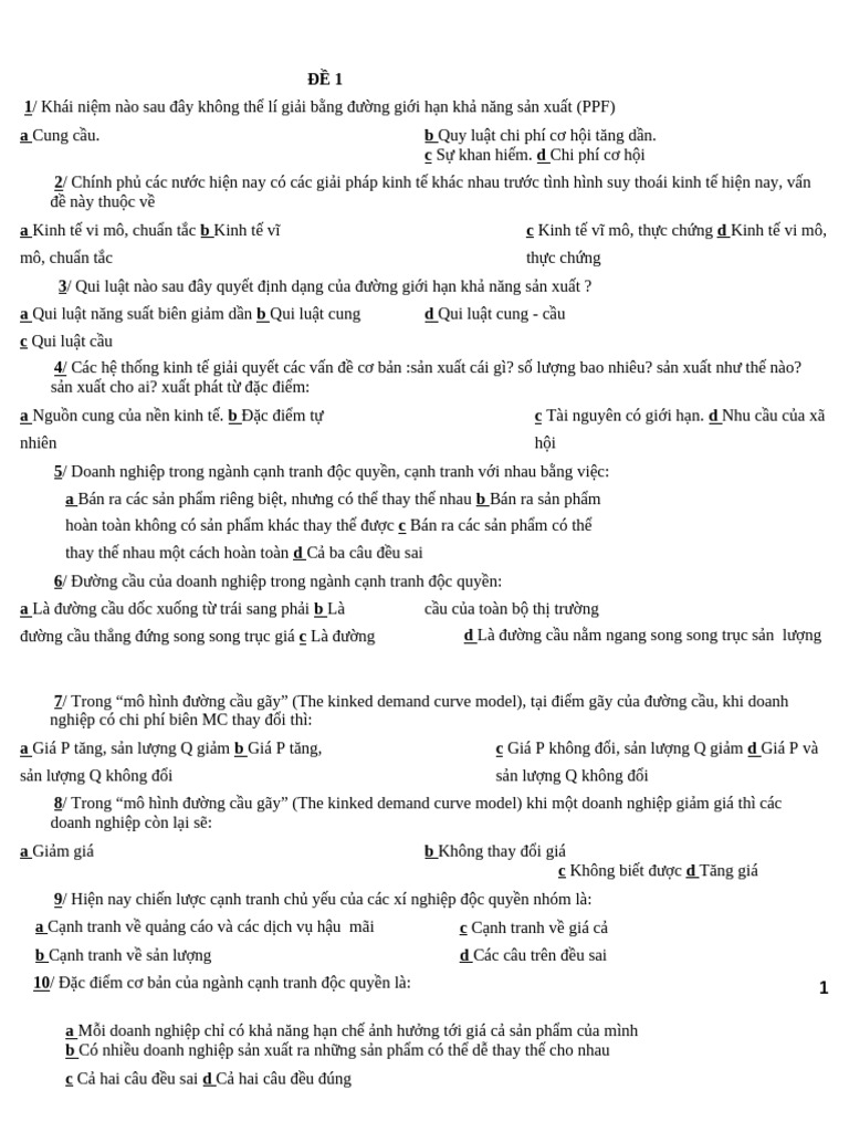 Có Đáp Án - Bộ Đề Ôn Thi Kinh Tế Vi Mô Ueh | PDF