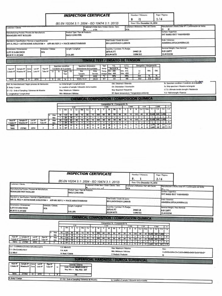 Sample Material Test Certificate of Seamless Pipe | PDF