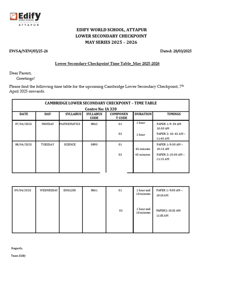 Cambridge Lower Secondary Checkpoint Timetable - May 2025 | PDF