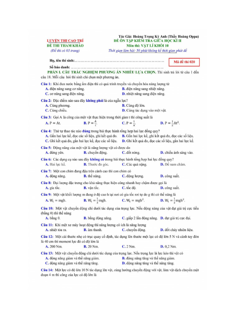 Bo de Kiem Tra Giua Ki 2 Vat Li From Moi 2025 | PDF