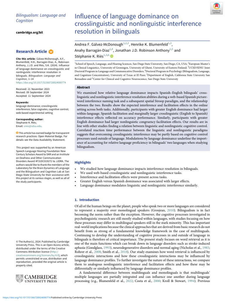 Influence of Language Dominance On Crosslinguistic and Nonlinguistic ...