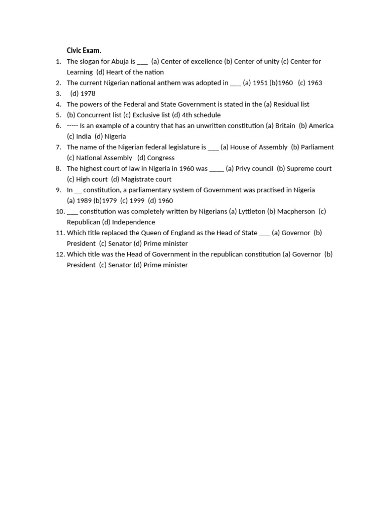 Second Term Civic Test Questions | PDF