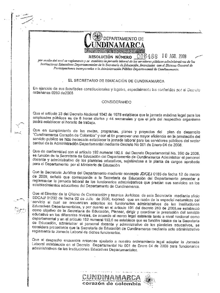 Resoucion 006488 Jornada Laboral Personal Adminsitrativo de Las Ied | PDF