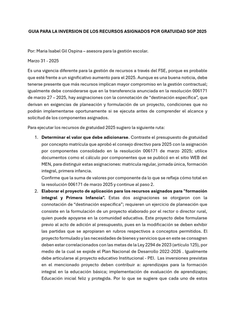 Guia para La Inversion de Los Recursos Asignados Por Gratuidad SGP 2025 | PDF | Presupuesto ...