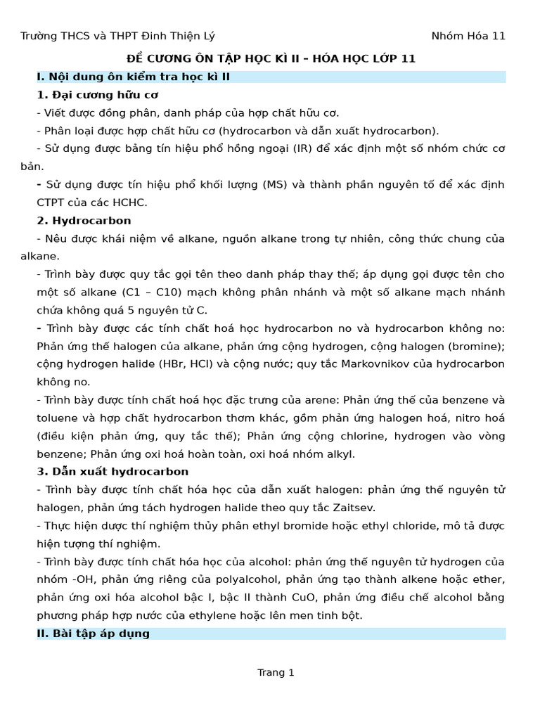 Đề cương HKII-Hóa 11 | PDF