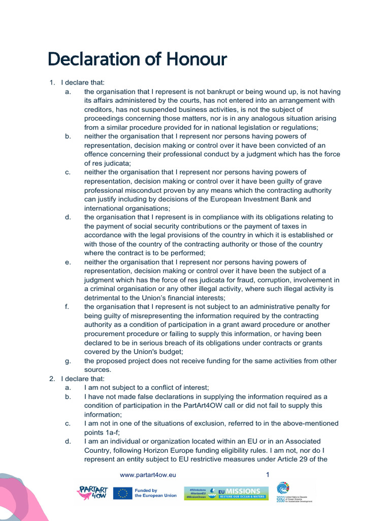 PartArt4OW Declaration of Honour 2025docx | PDF | European Union | Treaty