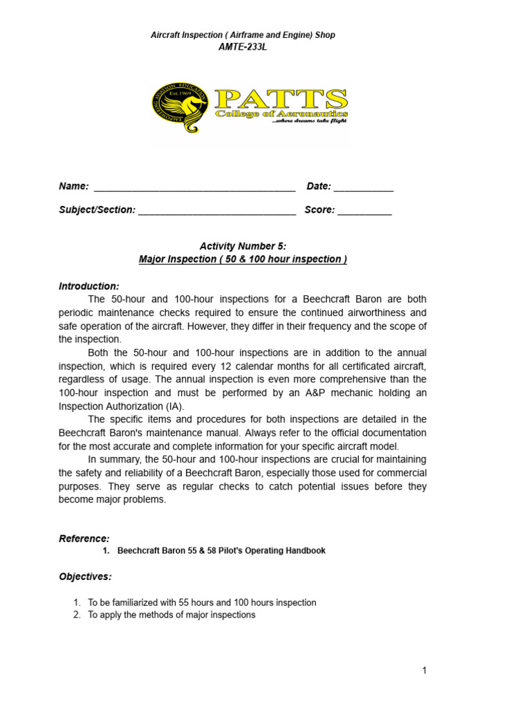 AMTE 233L - Major Inspection (Operational Checklist) | PDF | Aviation