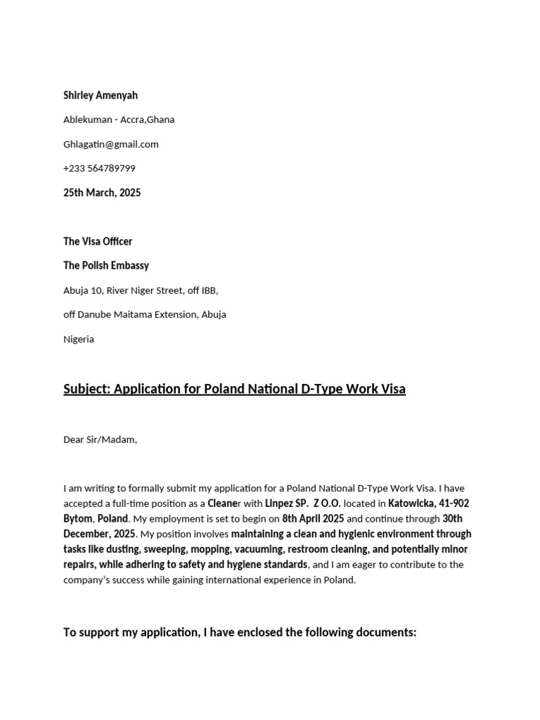 Poland Work Visa Application Letter | PDF
