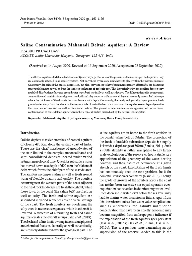 Saline Contamination Mahanadi Deltaic Aquifer A Review | PDF ...