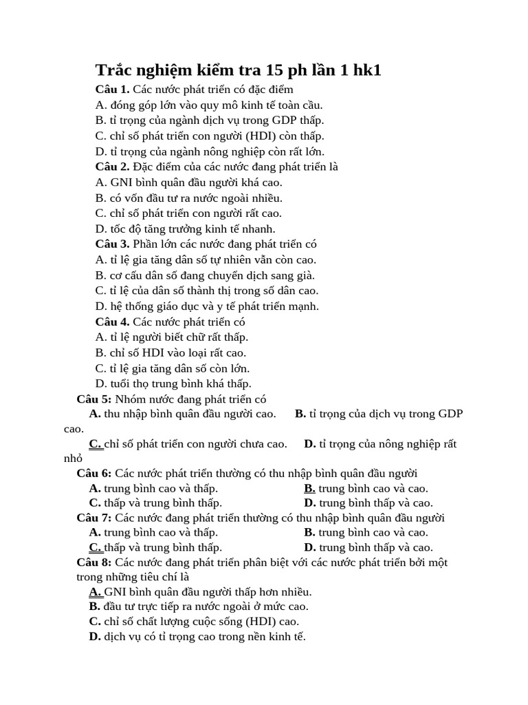 Trắc nghiệm kiểm tra 15 ph lần 1 hk1 | PDF