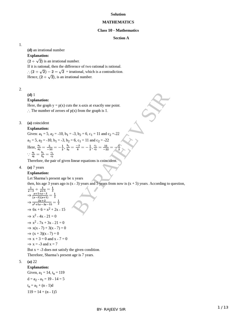 Class 10 Mathematics Solutions Guide | PDF | Angle | Area