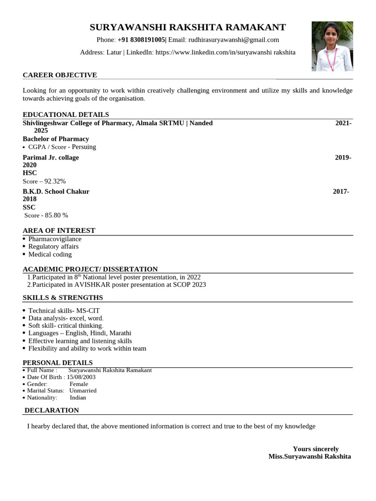 Suryawanshi Rakshita Ramakant: Career Objective | PDF