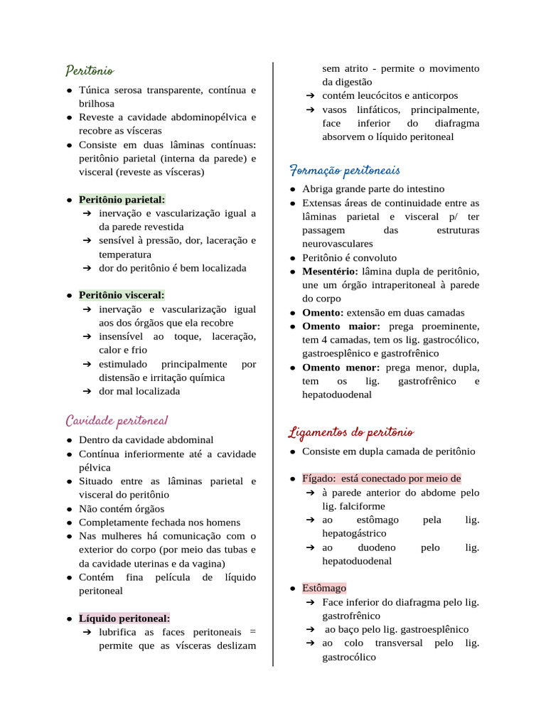 Peritônio e Cavidade peritoneal | PDF | Peritônio | Estômago