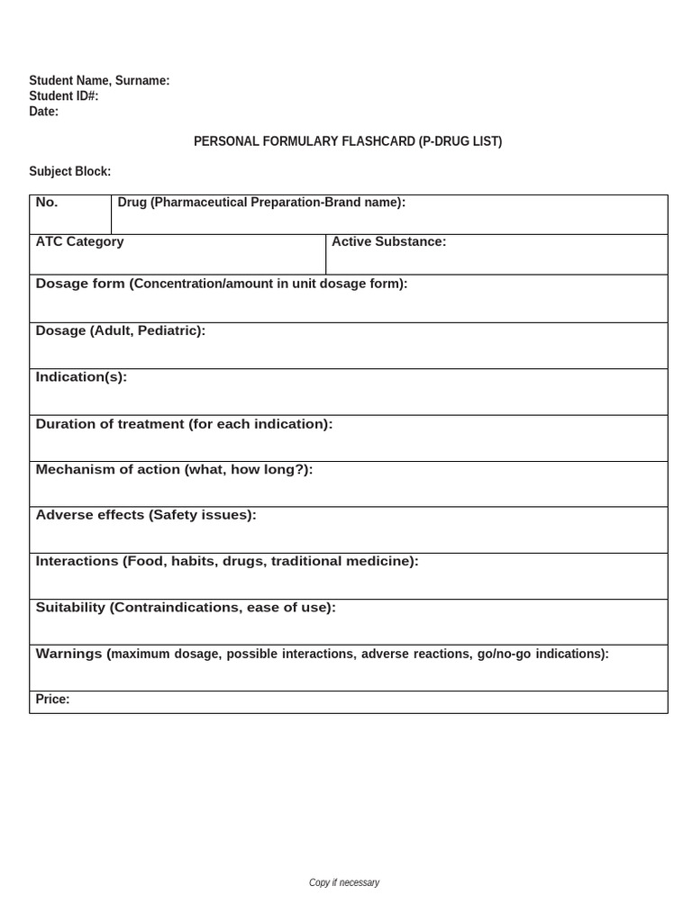 Personal Formulary Flashcard Guide | PDF