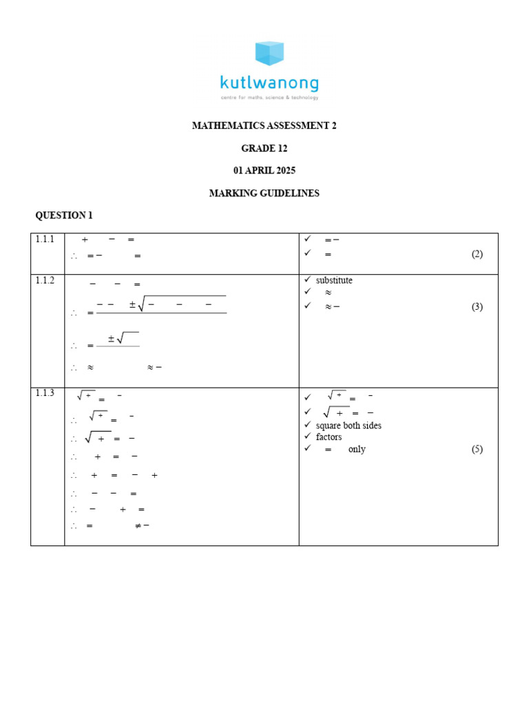 Grade 12 Mathematics Assessment 2 Memorandum (01 April 2025) | PDF ...